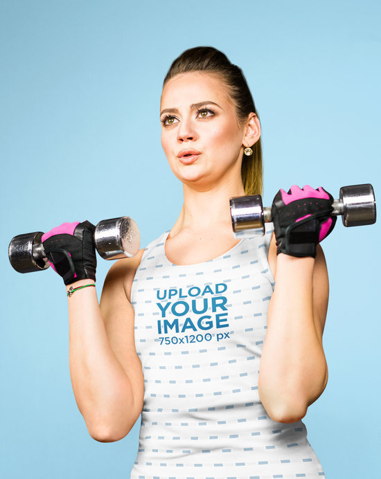 Placeit - Tank Top Mockup of a Woman Doing an Arm Workout with Two ...