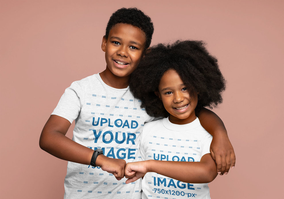 Placeit - Crewneck Tee Mockup Featuring Two Happy Kids Bumping Their Fists
