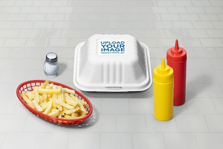 Placeit - Clamshell Container Mockup Featuring Fries and Sauces