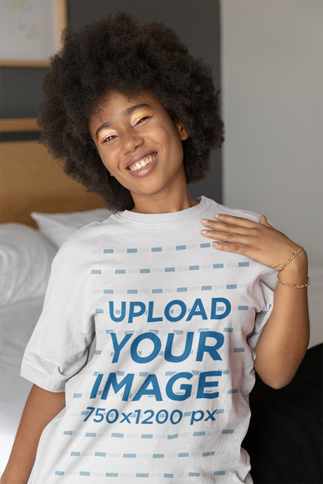 Placeit - Round-Neck Tee Mockup Featuring a Smiling Woman with an Afro ...