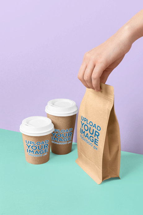 Placeit - Food Packaging Mockup Featuring Two Paper Cups and a Zip Bag