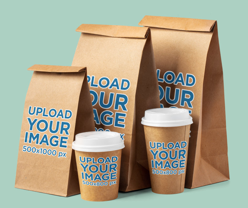 Placeit - Food Packaging Mockup of Three Paper Bags and Coffee Cups