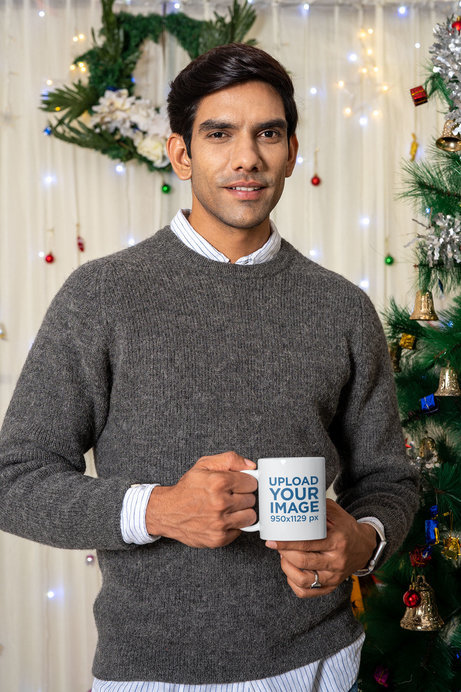Placeit - Xmas-Themed Mockup of a Happy Man Holding an 11 Oz Mug