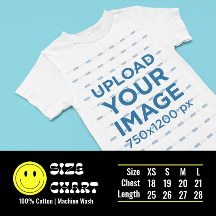 Placeit - Size-Chart Mockup Featuring a T-Shirt Lying on a Colorful Surface