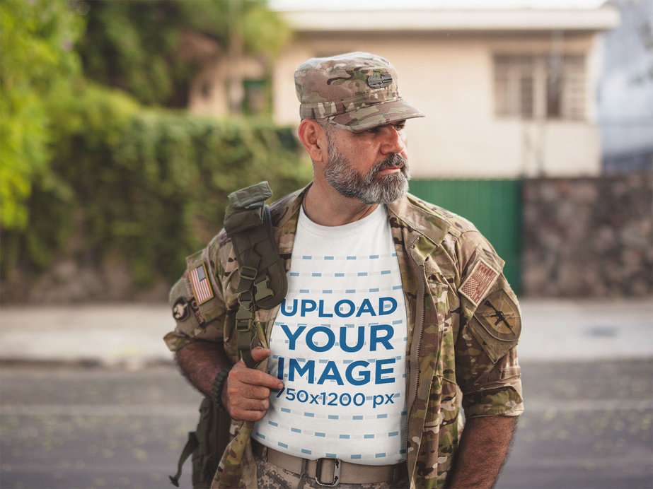 Placeit - Urban T-Shirt Mockup Featuring a Soldier in Army Gear