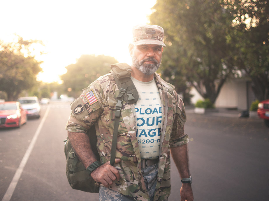 Placeit - T-Shirt Mockup of a Soldier in Uniform on the Street