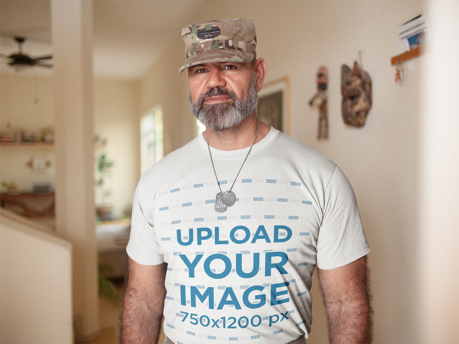 Placeit - T-Shirt Mockup Featuring an Army Man in Uniform Inside his House