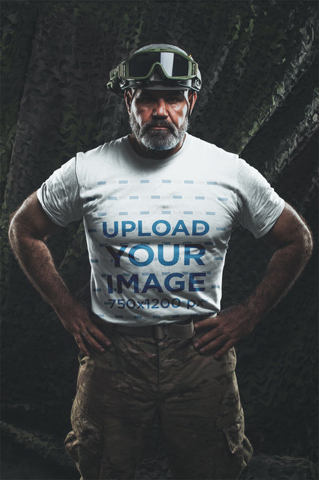 Placeit - T-Shirt Mockup Featuring a Veteran Soldier Wearing Uniform