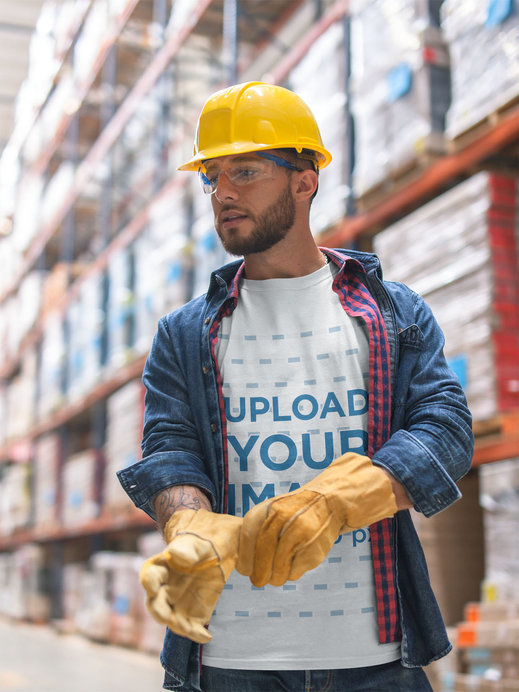Placeit - Worker Wearing a T-Shirt Mockup with Protections at the Warehouse