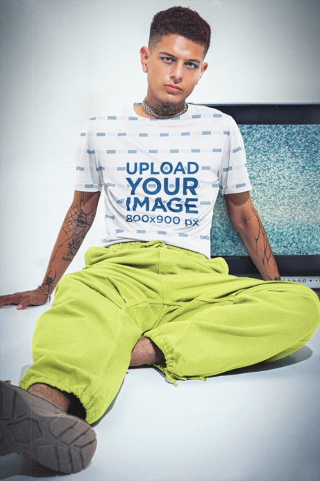 Placeit - Y2K-Inspired Mockup of a Man with Arm Tattoos Wearing a ...