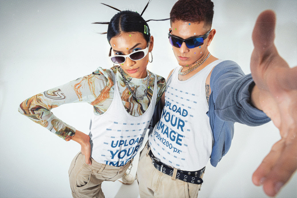 Placeit - Y2K-Themed Mockup Featuring a Man and Woman Wearing Tank Tops