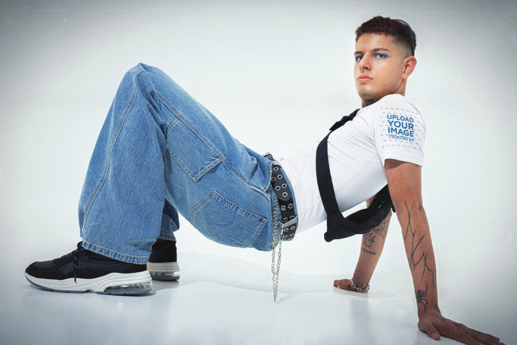 Placeit - Y2K-Aesthetic Mockup of a Man Posing at a Studio with a Bella ...