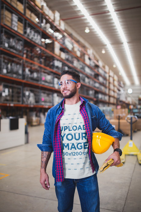 Placeit - Portrait of a Happy Worker Wearing a T-Shirt Template at the ...