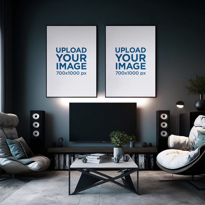 Placeit - Art Print Mockup Featuring a Gaming-Themed Living Room