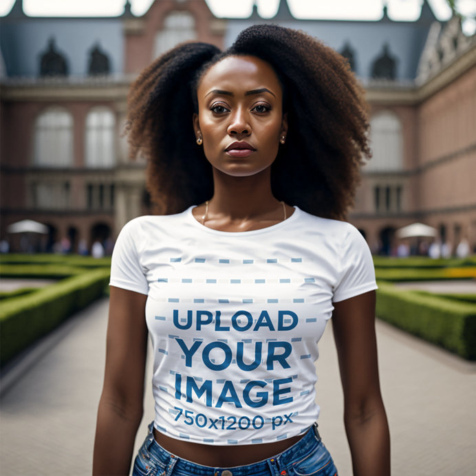 Placeit - Round-Neck Tee Mockup of an AI-Generated Woman Posing by a ...