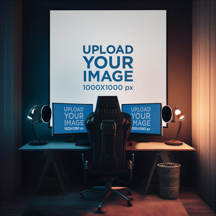 Placeit - Art Print Mockup Featuring a Gaming Room With Two Desktop Screens