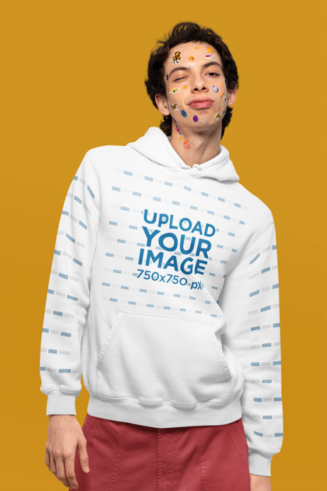 Placeit - Pullover Hoodie Mockup Featuring a Man With Stickers on His Face