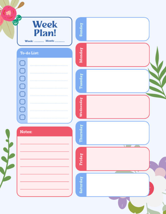 Placeit - Planner Generator for Weekly Plan Activities With Flower Graphics