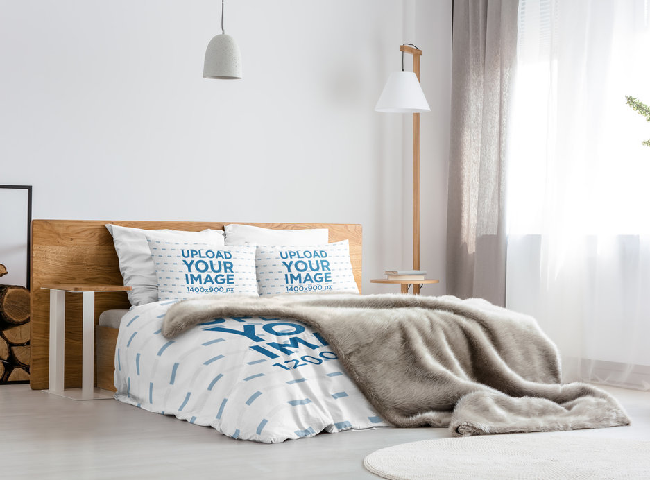 Placeit - Pillow and Duvet Cover Mockup of a Modern Bedroom with a Neat Bed