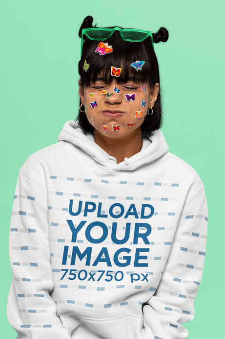 Placeit - Pullover Hoodie Mockup of a Woman with Skin Stickers Making a ...