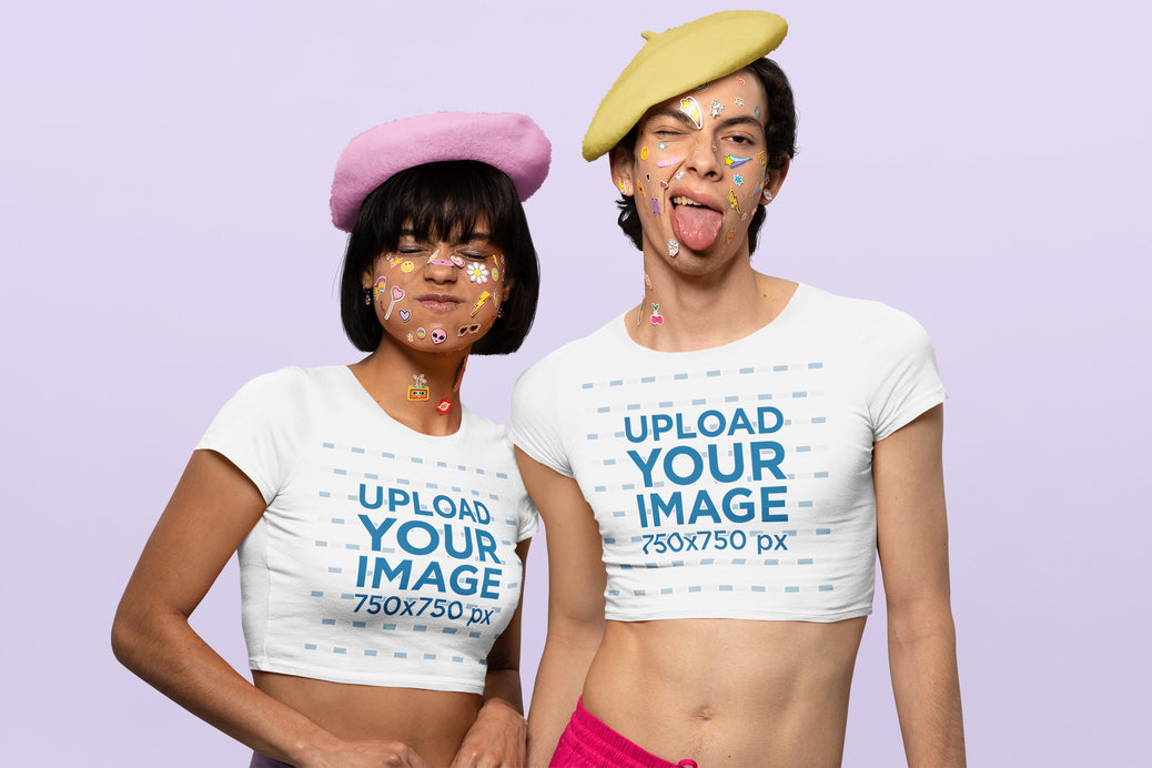 Placeit - Mockup of Two Friends with Face Stickers Wearing Bella Canvas ...