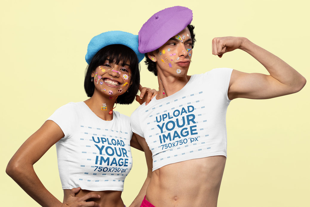 Placeit - Crop Top Mockup of a Happy Woman and Man With Skin Stickers