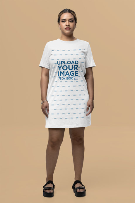 Placeit - T-Shirt Dress Mockup Featuring a Serious Woman Posing in a Studio
