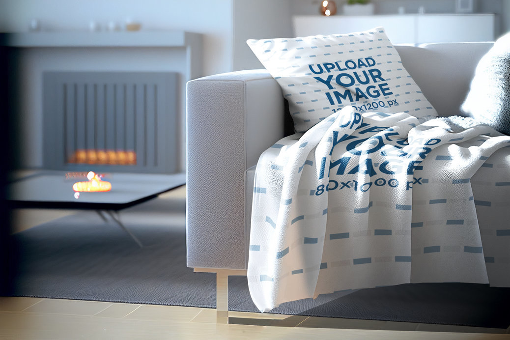 Placeit - Home Decor Mockup Featuring an AI-Created Pillow and a Fleece ...