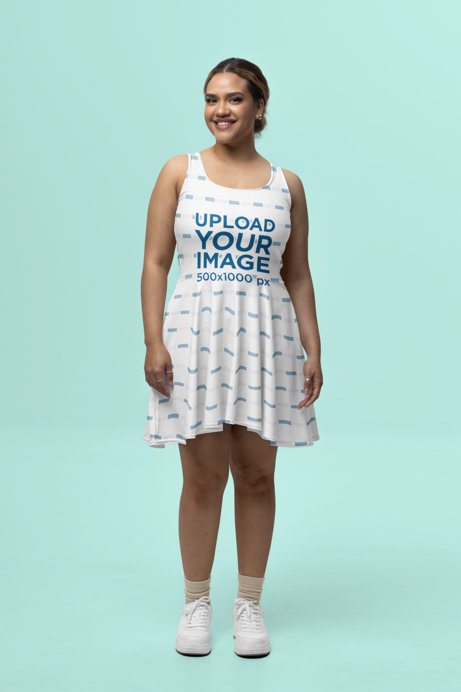 Placeit - Skater Dress Mockup Featuring a Smiling Woman in a Studio