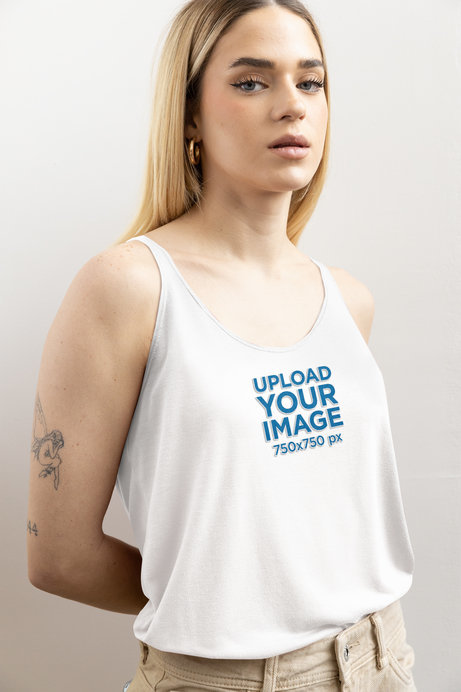 Placeit - Bella Canvas Tank Top Mockup Featuring a Woman with a Tattoo ...