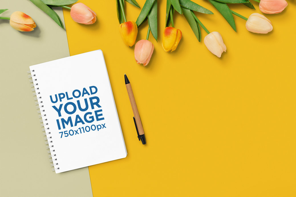 Placeit - Mockup of a Notebook Featuring Tulips and a Pen