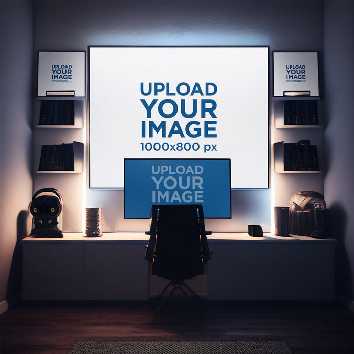 Placeit - Gaming-Themed Mockup of a Desktop Screen and an Art Print