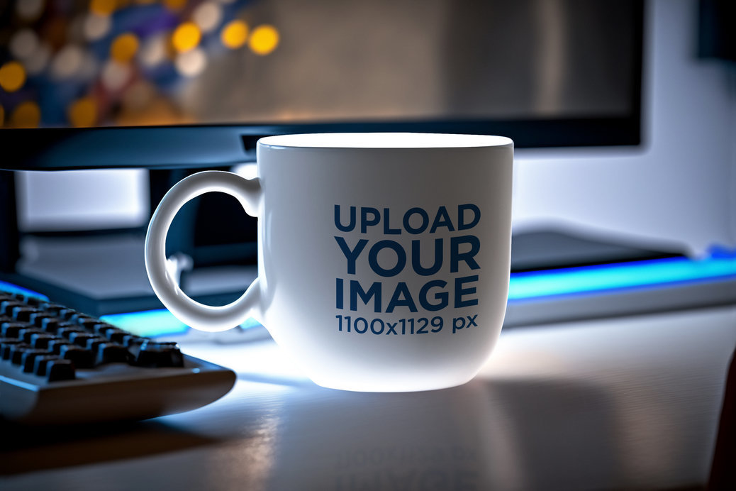 Placeit - AI-Generated Mockup of a Coffee Mug Placed in a Gaming Room