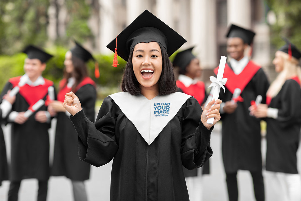 Placeit - Graduation Hood Mockup Featuring a Cheerful Woman With a Diploma