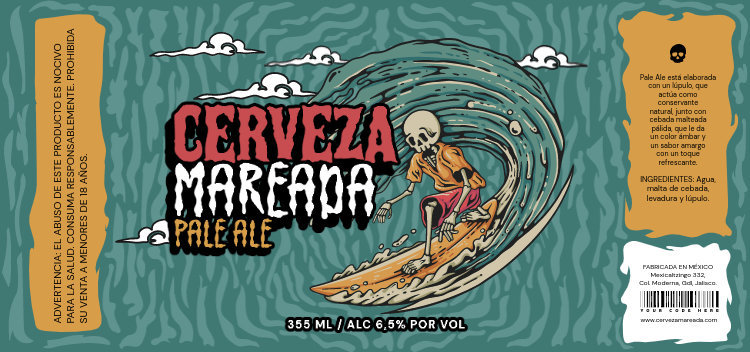 Placeit - Beer Label Generator Featuring a Surfing Skeleton Illustration