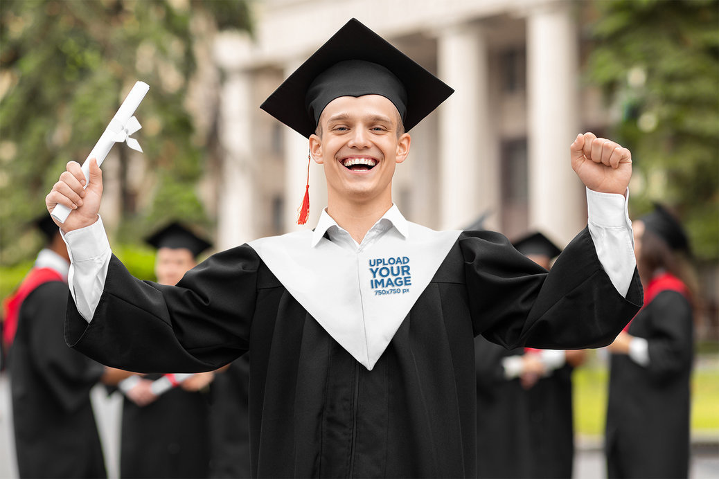 Placeit - Graduation Hood Mockup of a Joyful Man Holding a Diploma