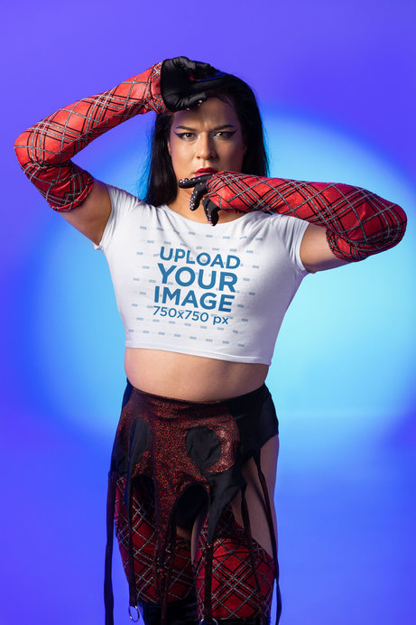 Placeit - Bella Canvas Crop Top Mockup Featuring a Woman With a Vogue-Inspired Outfit