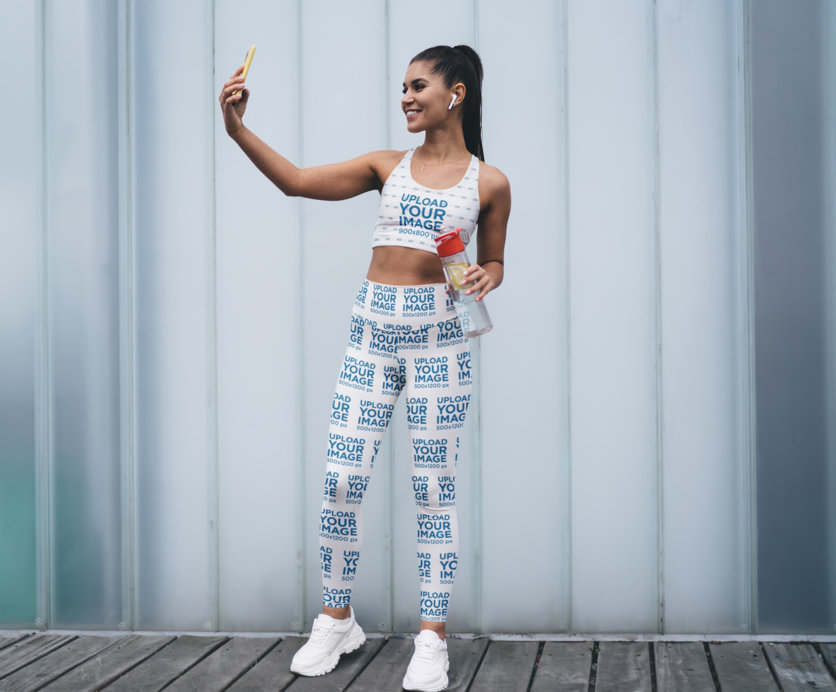 Placeit - Sublimated Leggings and Sports Bra Mockup of a Happy Woman ...