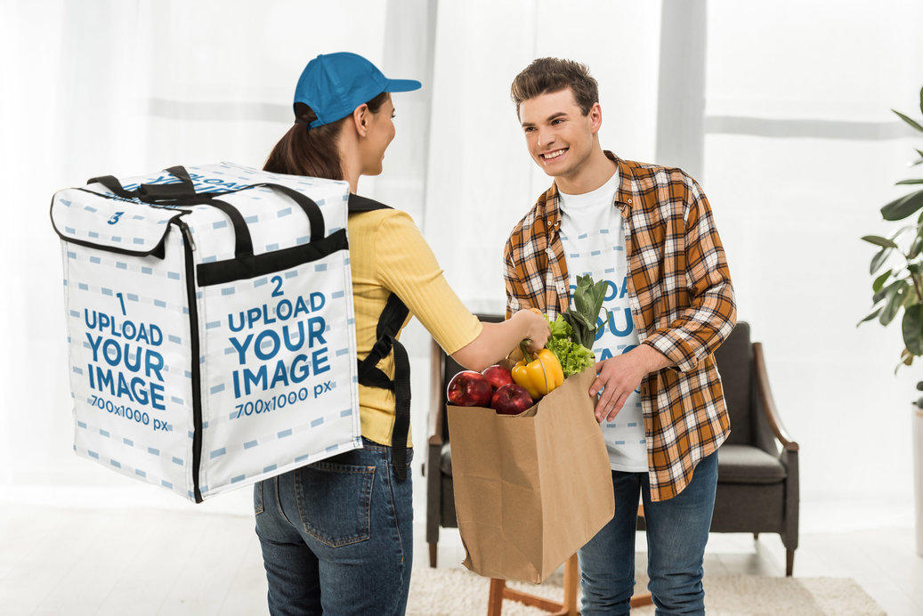 Placeit - Delivery Backpack and T-Shirt Mockup of a Woman Handing Out a ...