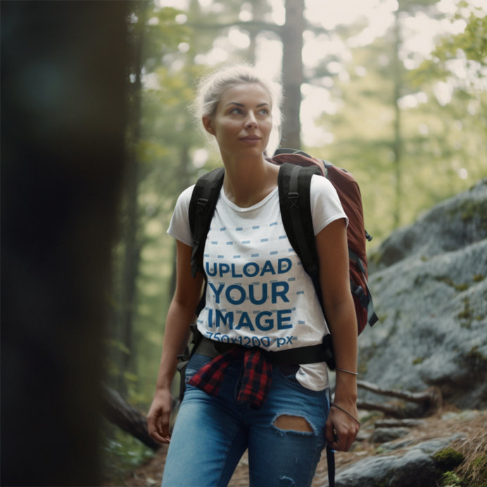 Placeit - Round-Neck Tee Mockup of an AI-Created Woman on a Hike