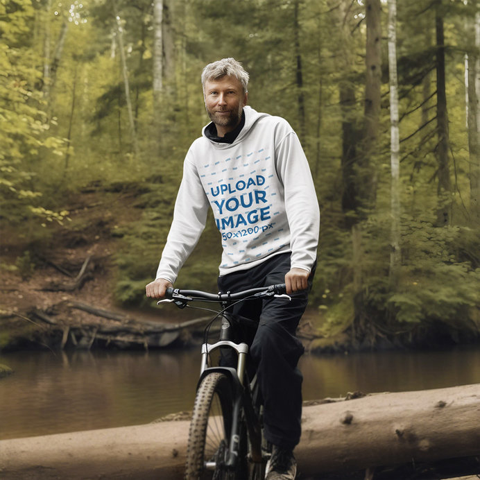 Placeit - Pullover Hoodie Mockup of an AI-Created Senior Man Riding a ...