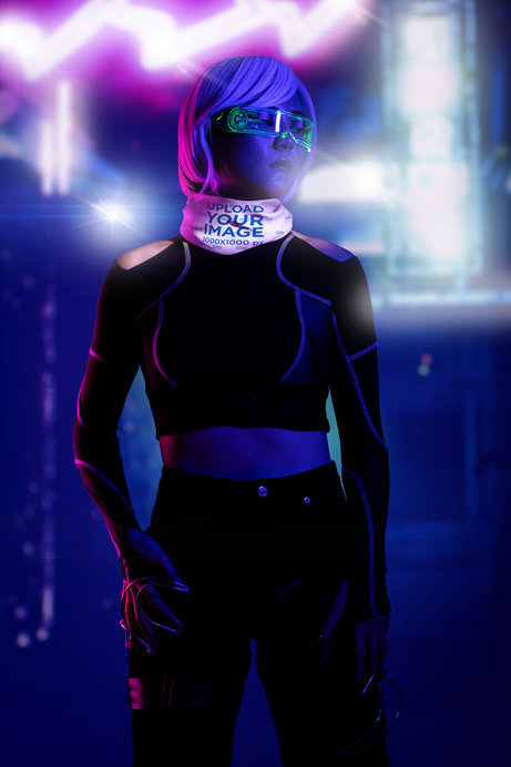 Placeit - Neck Gaiter Mockup of a Woman With a Cyberpunk-Themed Outfit