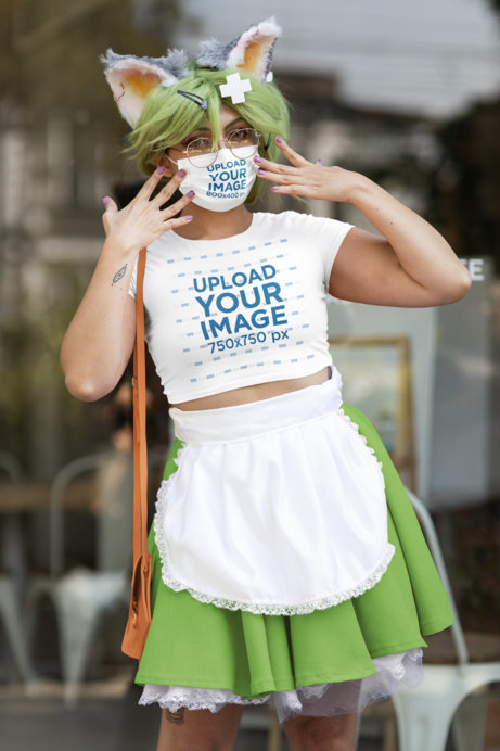 Placeit - Bella Canvas Crop Top Mockup of a Woman with a Face Mask in a ...