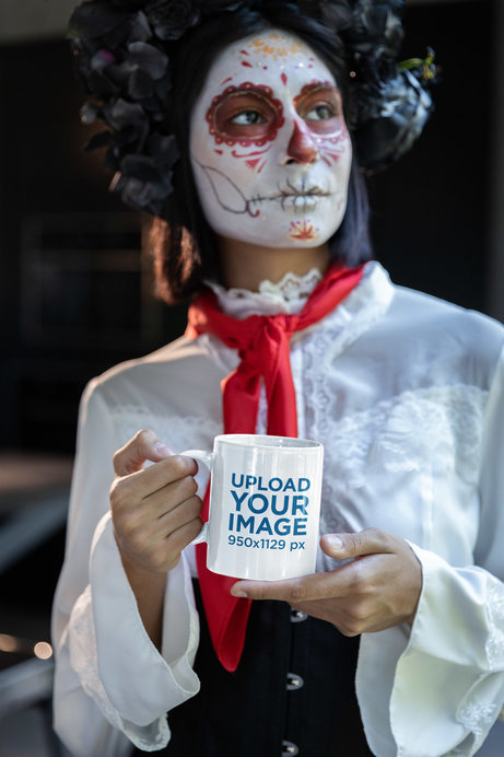 Placeit - Mockup of a Woman with a Catrina Makeup Holding an 11 oz ...