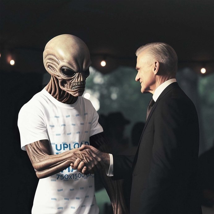 Placeit - AI-Generated T-Shirt Mockup of an Alien Shaking Hands with an ...