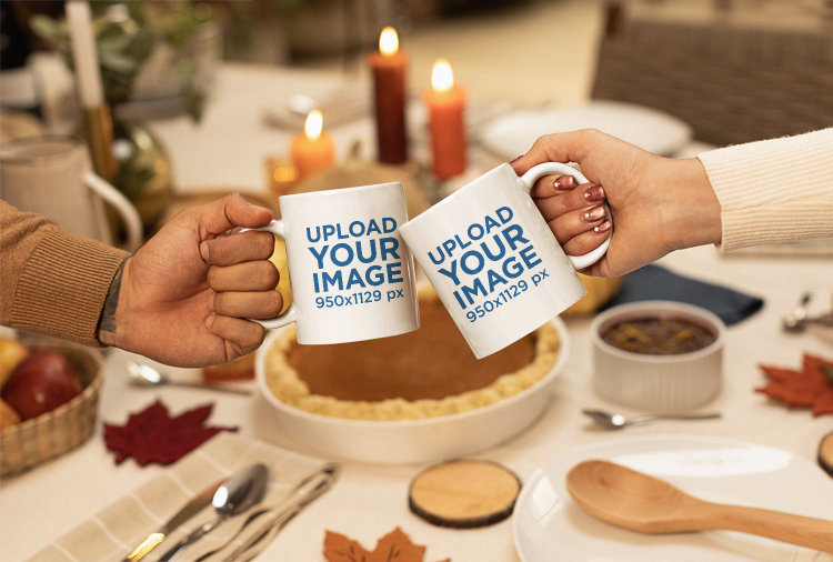 Placeit - Mockup of Two Friends Clinking Their Coffee Mugs on a ...