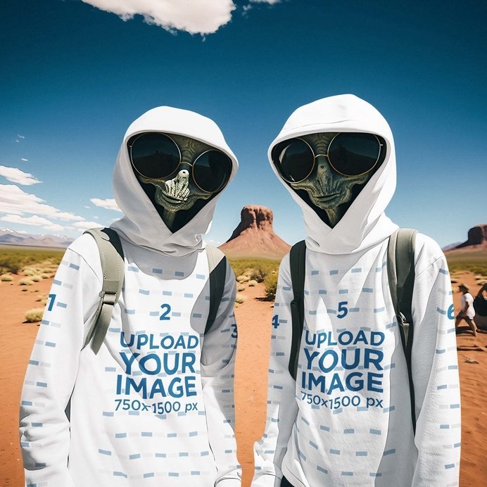 Placeit - Mockup of Two AI-Generated Aliens Wearing Pullover Hoodies in ...