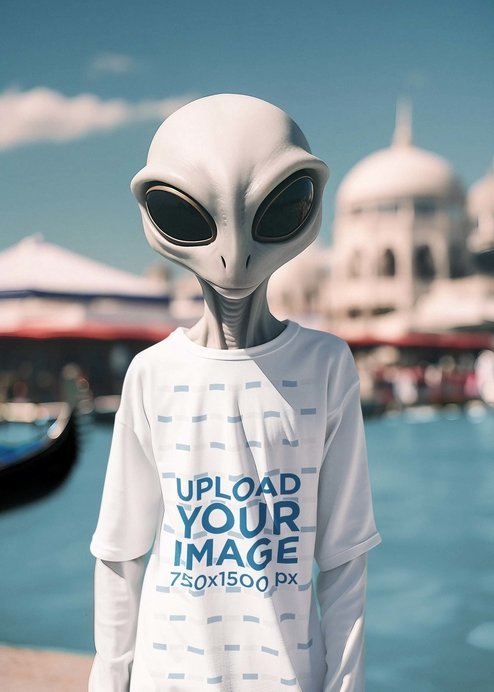 Placeit - AI-Generated Mockup of an Alien Wearing a Rounded-Neck T-Shirt