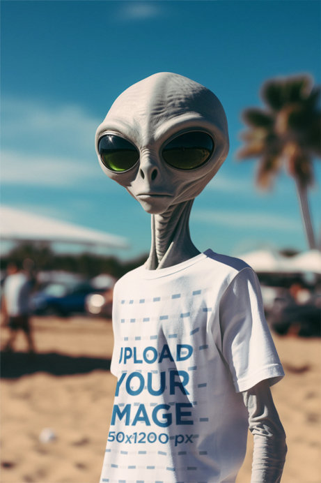 Placeit - AI-Generated Mockup Featuring a Big-Eyed Alien Wearing a T-Shirt