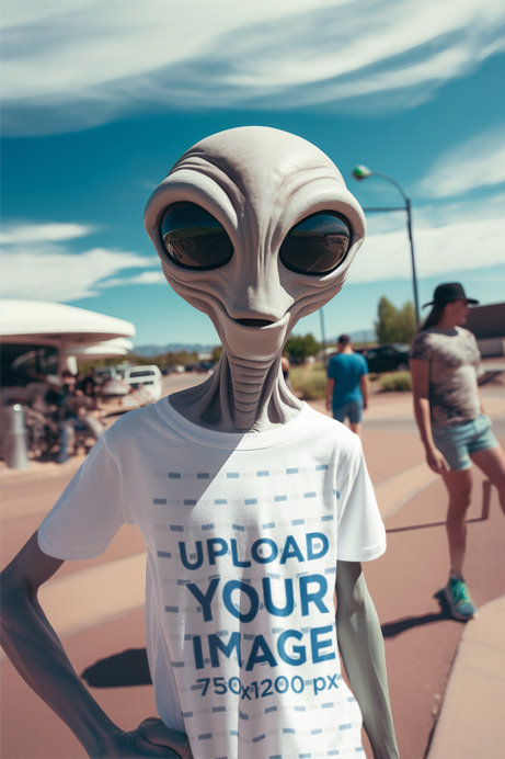 Placeit - AI-Generated Mockup of a Smiling Alien Wearing a Crewneck T-Shirt
